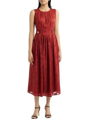 Anne Klein Pleated Floral Jacquard A-line Midi Dress - Rust