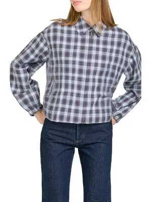 WAYF Adeline Plaid Cropped Bomber Jacket - Blue