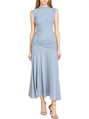 WAYF Sarielle Ruched Maxi Dress With High Neck And Slit - Slate