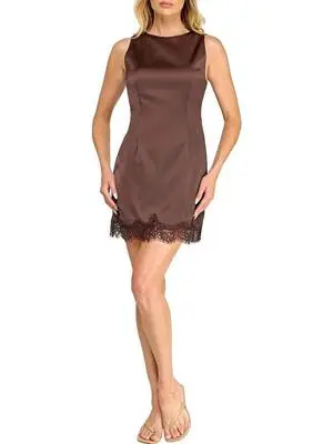 SOCIALITE Lace Trimmed Satin Mini Dress - Brown