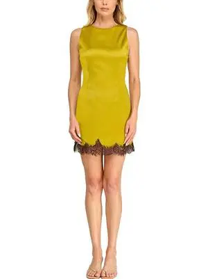SOCIALITE Lace Trimmed Satin Minidress - Chartreuse/brown