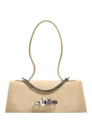 Alexander McQueen Jeweled Croc Embossed Suede Top Handle Bag - Zinc
