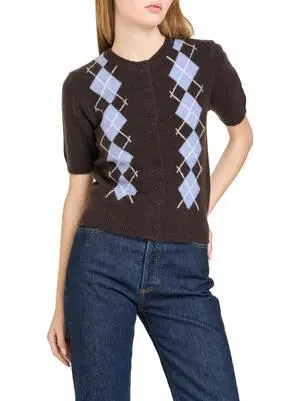 WAYF Esther Short Sleeve Cardigan - Brown/blue