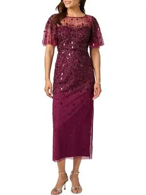 Adrianna Papell Beaded Flutter Sleeve Mesh Midi Dress - Bordeaux
