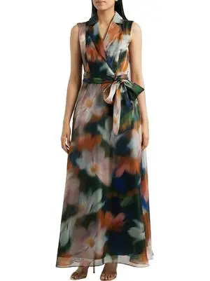Julia Jordan Sleeveless Floral Organza Gown - Brown Multi