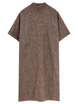 Brunello Cucinelli High Neck Sequined Short Sleeve Dress - Brown