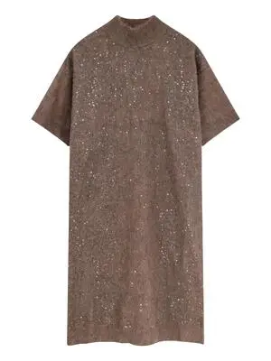 Brunello Cucinelli High Neck Sequined Short Sleeve Dress - Brown