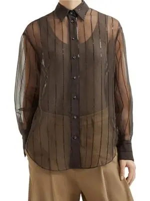 Brunello Cucinelli Sequin Embellished Long Sleeve Shirt - Brown