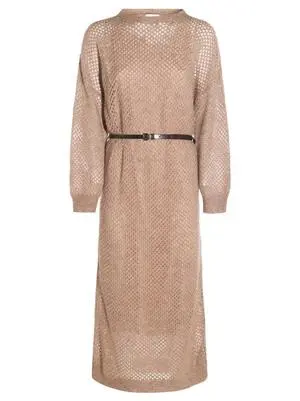 Brunello Cucinelli Belted Midi Dress With Mesh Detailing - Nude