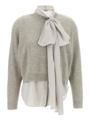 Brunello Cucinelli Monile Detailed Knit Sweater With Attached Shirt - Grey
