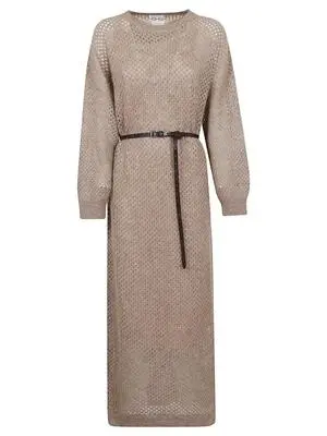 Brunello Cucinelli Embellished Knitted Midi Dress - Brown