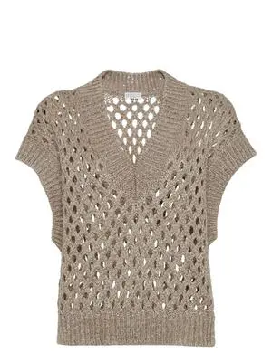 Brunello Cucinelli V-neck Sleeveless Openwork Knit Top - Nude