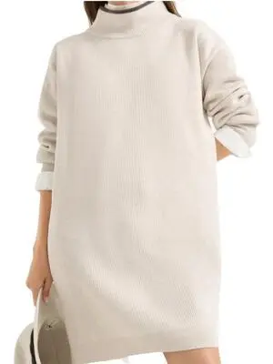 BRUNELLO CUCINELLI Brunello Cucinelli Ribbed High-Neck Virgin Wool, Cashmere, And Silk Blend Knit Dress