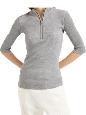 Brunello Cucinelli Ribbed Zip-neck Top - Grey