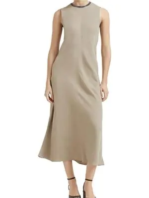 Brunello Cucinelli Crewneck Zip Back Twill Dress - Cold Beige