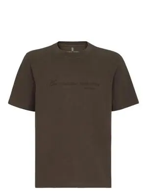 Brunello Cucinelli Cotton-jersey Crew-neck T-shirt With Embroidery And Print - Brown