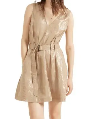 Brunello Cucinelli Sleeveless Lamé Belted Mini Dress - Camel-colored