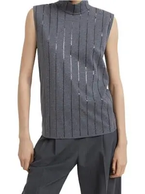 Brunello Cucinelli Sleeveless High Neck Sequined Stripe Top - Black