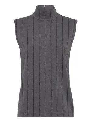 Brunello Cucinelli Sleeveless High Neck Sequined Stripe Top - Grey
