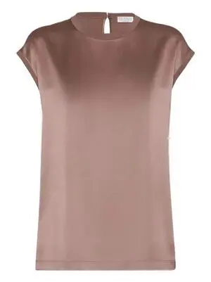 Brunello Cucinelli Crewneck Satin T-shirt With Monili Decoration - Brown