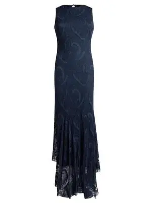 Etro Long Dress In Cotton-blend Burnout Jersey With Paisley Motif - Blue