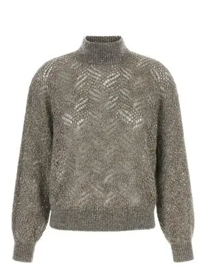 Brunello Cucinelli Sequin-embellished Abstract Leaf Knit Sweater - Gray