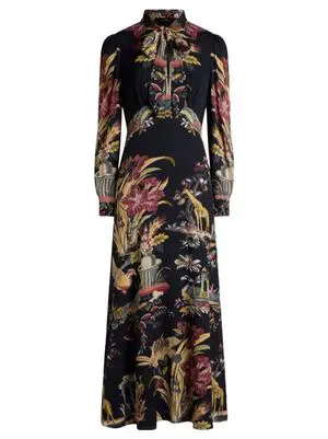 Etro Long Sleeve Printed Viscose Crepe De Chine Dress With Silk Scarf - Black
