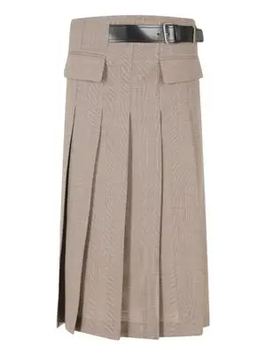 SEMICOUTURE Belted Pleated Checked Skirt - Solid-colored Check Pattern