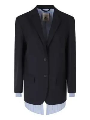 SEMICOUTURE Long-sleeve Plaid Paneled Single-breasted Blazer - Blue