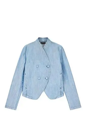 Emporio Armani Double-breasted Wrap Blazer In Metal-look Denim - Blue