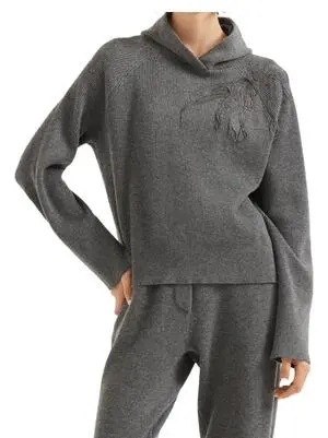 Brunello Cucinelli Shiny Flower Embroidered Knit Hoodie - Black