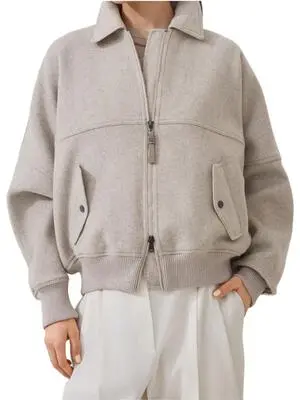 Brunello Cucinelli Zip-up Bomber Jacket With Pearl Accents - Cold Beige