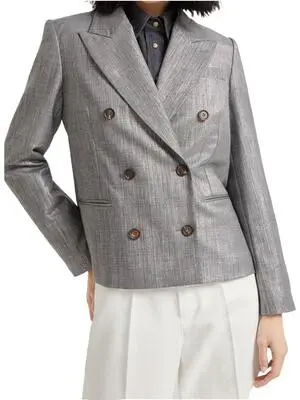 Brunello Cucinelli Lamé-effect Double-breasted Blazer - Gray
