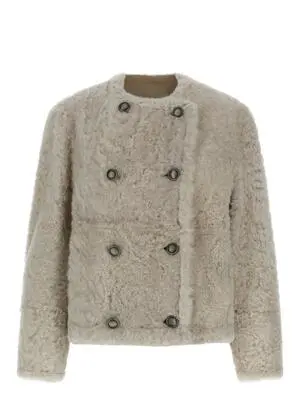 Brunello Cucinelli Fuzzy Shearling Reversible Cropped Pea Coat - Beige