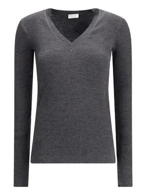 BRUNELLO CUCINELLI Brunello Cucinelli Shiny Trim Ribbed V-Neck Top