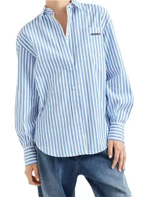 Brunello Cucinelli Striped Long Sleeve Shirt With Lapel Collar - Blue