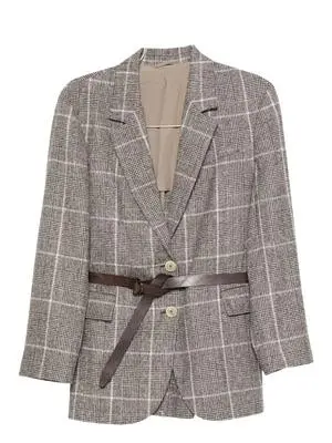 Brunello Cucinelli Checked Belted Blazer - Gray