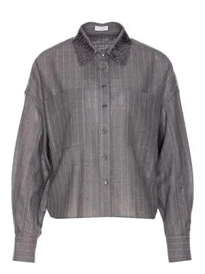 Brunello Cucinelli Embellished Striped Shirt - Gray