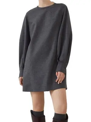 Brunello Cucinelli Long Sleeve Crewneck Dress With Balloon Sleeves - Black