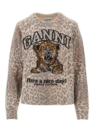 GANNI Leopard Motif Wool-blend Sweater - Multicolor