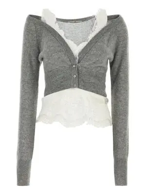 Ermanno Scervino Two-tone Cashmere And Stretch Silk Top With Lace Inserts - Grey