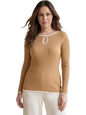 JESSICA LONDON Ribbed Keyhole Pullover Sweater - Soft Camel
