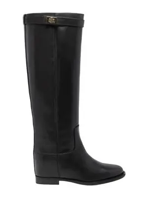 VIA ROMA 15 Knee High Boots With Gold Tone Padlock Detail - Brown
