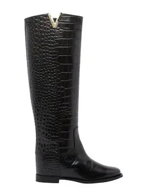 VIA ROMA 15 Via Roma 15 Dark Brown Leather Croc-Effect VLogo Boots