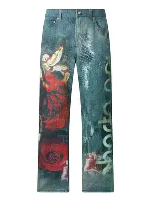 Roberto Cavalli Rose-print Cotton Jeans - Blue