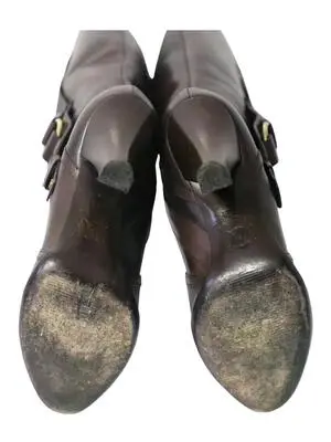 Celine Buckled Calfskin Leather High Heel Boots - Brown