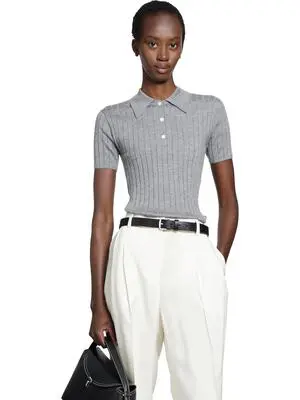 TOTEME Ribbed Cashmere Silk Polo Top - Grey