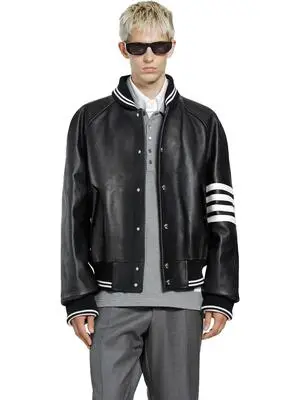 Thom Browne Leather Varsity Bomber With Signature Stripes - Black