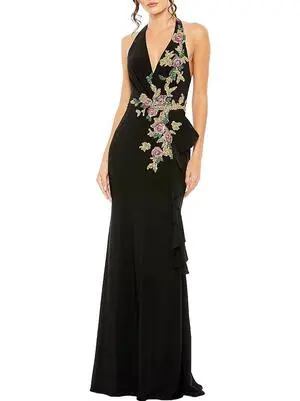 Mac Duggal Halter Floral Embellished Gown - Black