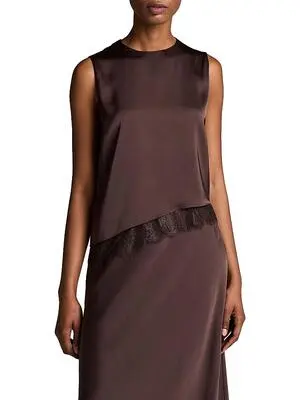 Vince Asymmetrical Lace Trimmed Satin Shell - Iron